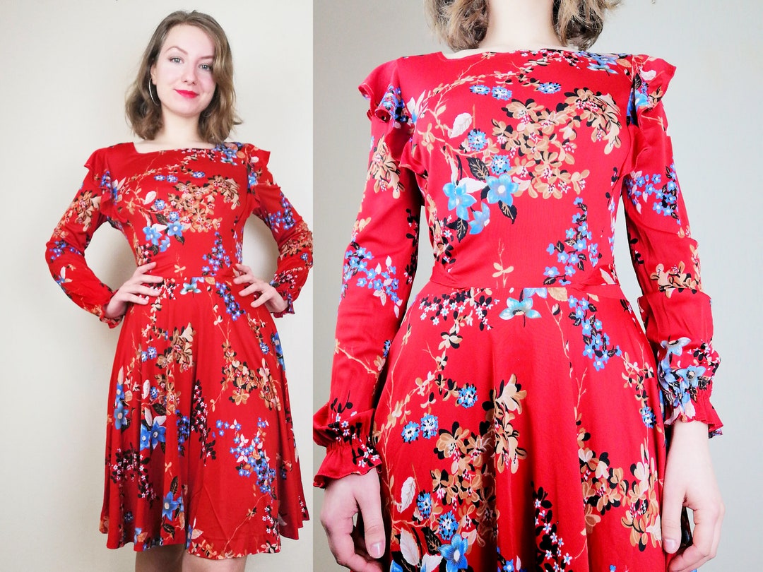 GORGEOUS Red 1970s Floral Dress | Size XS-S | Vintage Floral Dress ...