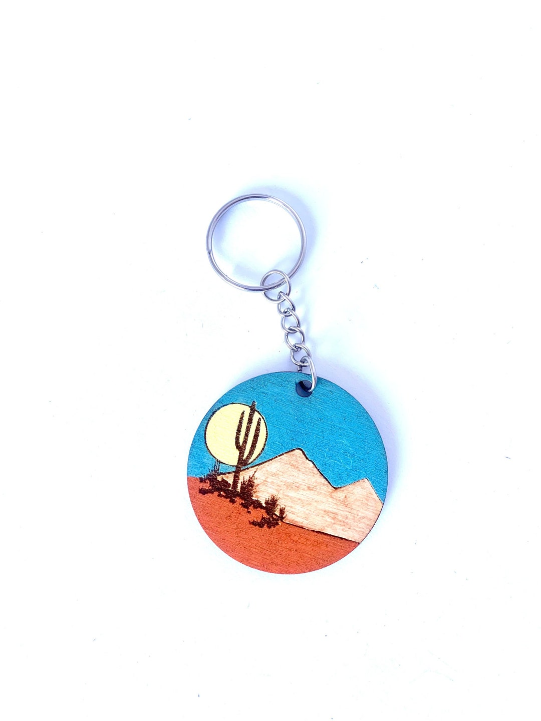 Desert Scene Cacti and Moon Wooden Keychain - Etsy