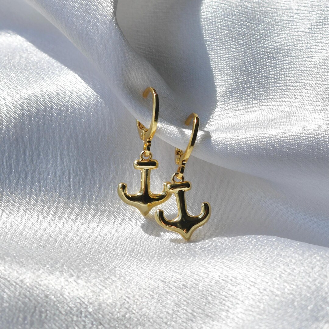 Gold Anchor Earrings, Beachy Huggies, Drop Earring Huggie Hoops, Ocean ...