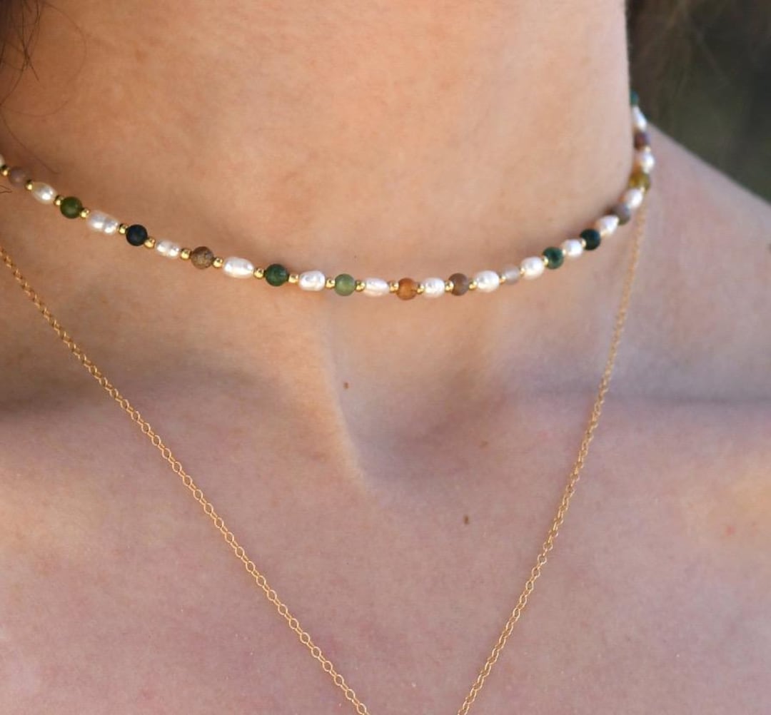 Freshwater Pearl & Dainty Gemstone Necklace, Beaded Crystal Choker ...
