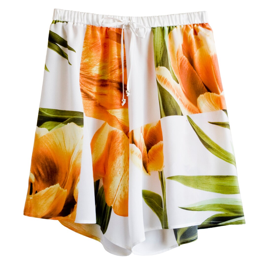 Women Silk Shorts, Original Art Print Silk Skort, Hand Made Elastic ...
