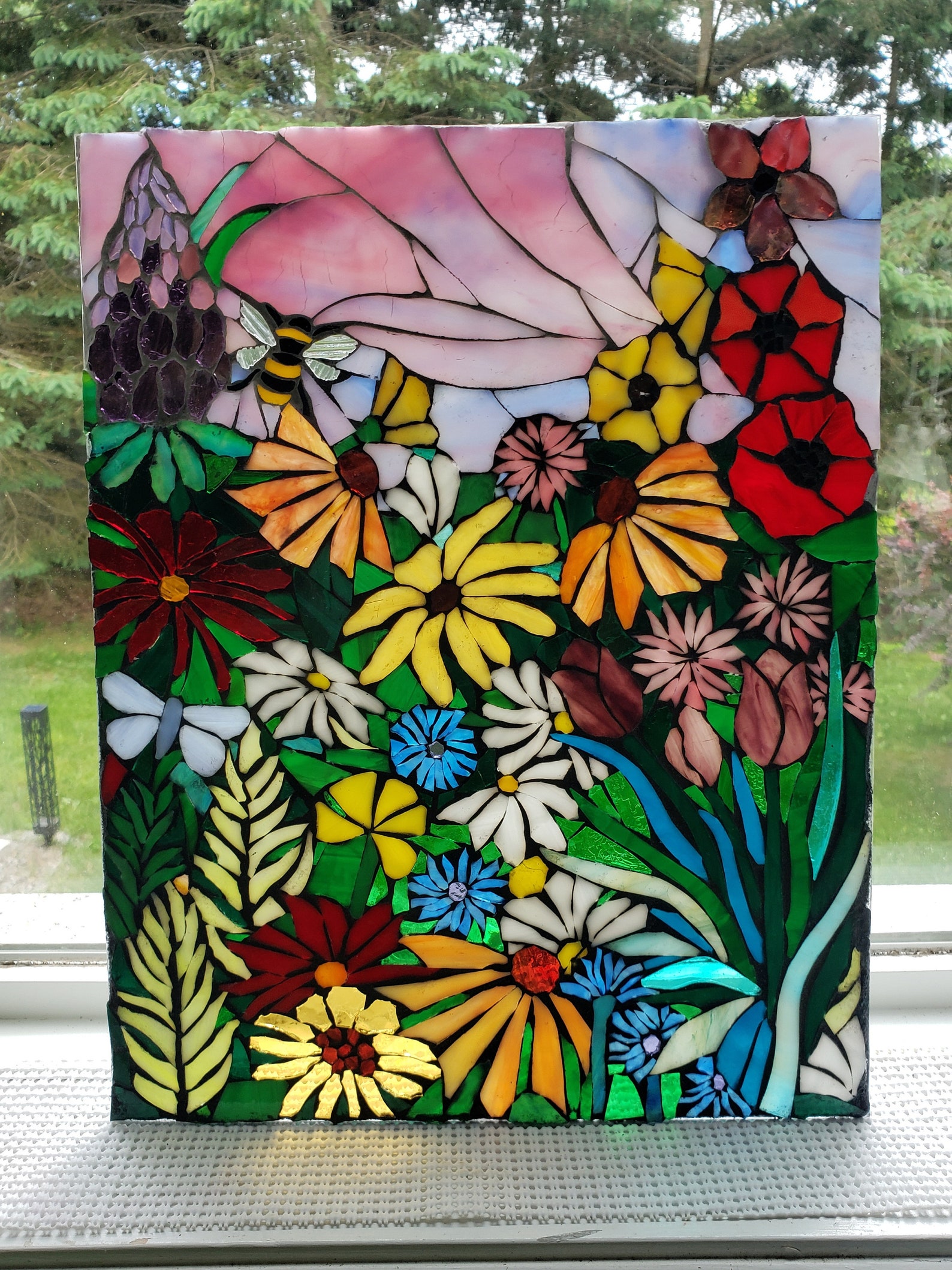 Custom Stained Glass Mosaic Panels. Garden Flowers, Butterflies ...