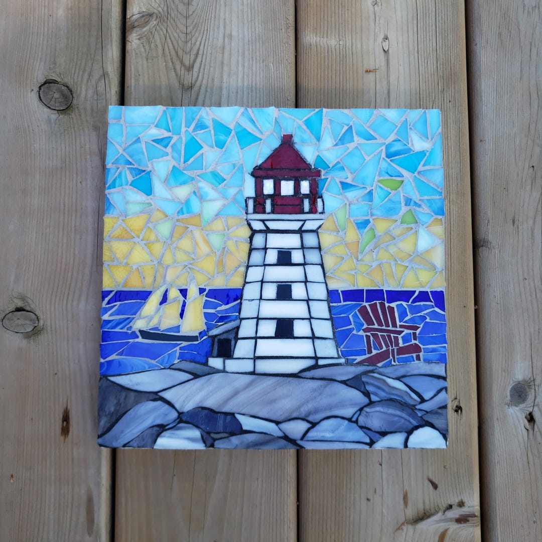 Lighthouse Stained Glass. Coastal Artwork Mosaic Panel With Sawtooth ...