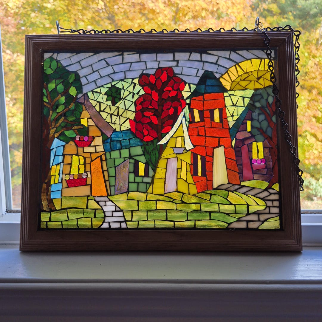 Stained Glass Mosaic Window Panel: Whimsical Town Scene Art - Etsy