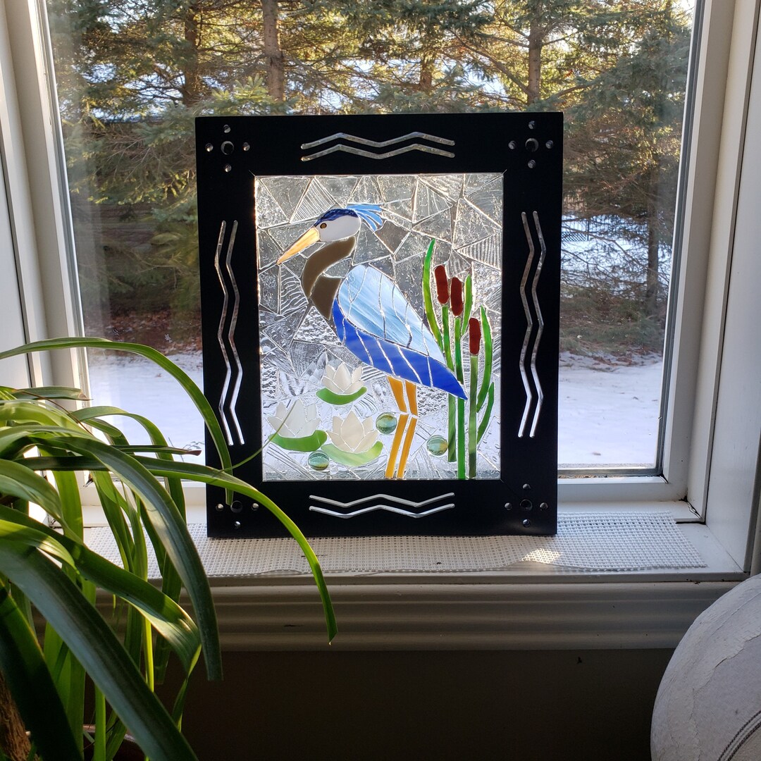 Mosaic Heron and Water Lily Panel. Stained Glass Pond Window in Black ...