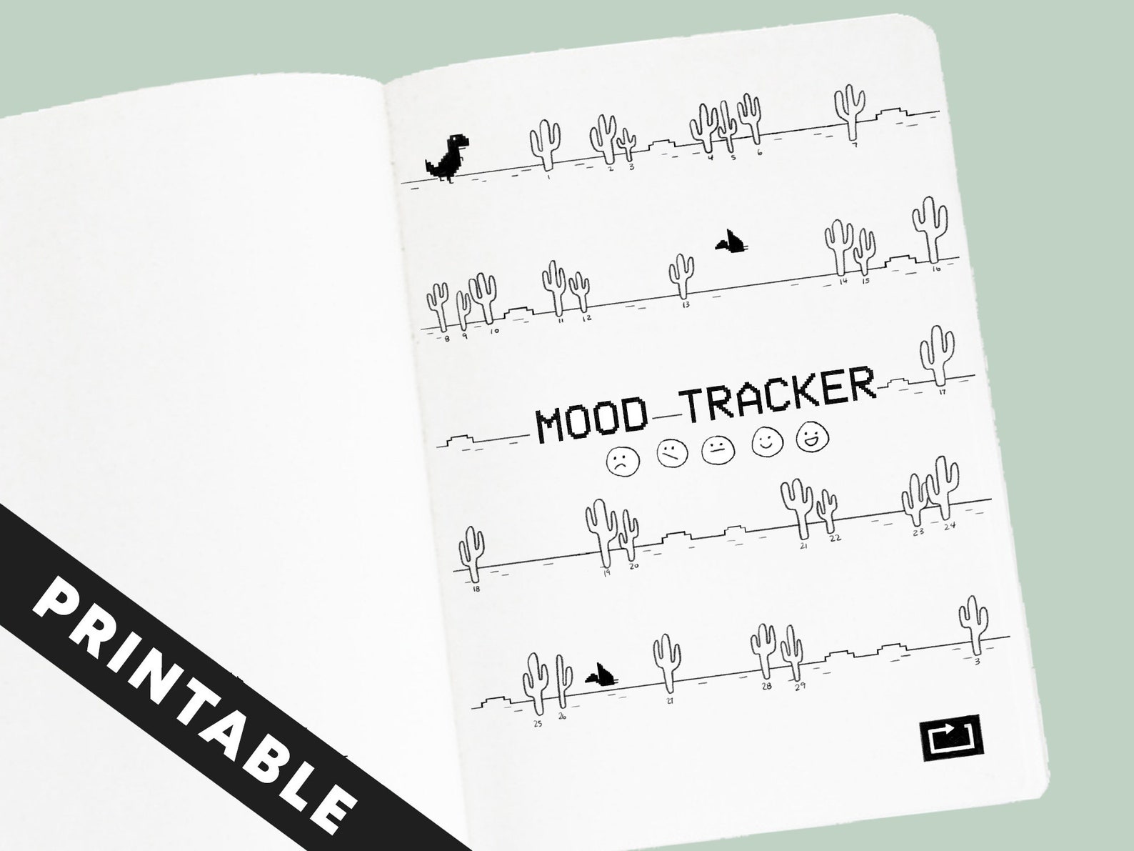 Mood Tracker Printable Bullet Journal Insert Dino Game Dinosaur Cactus ...