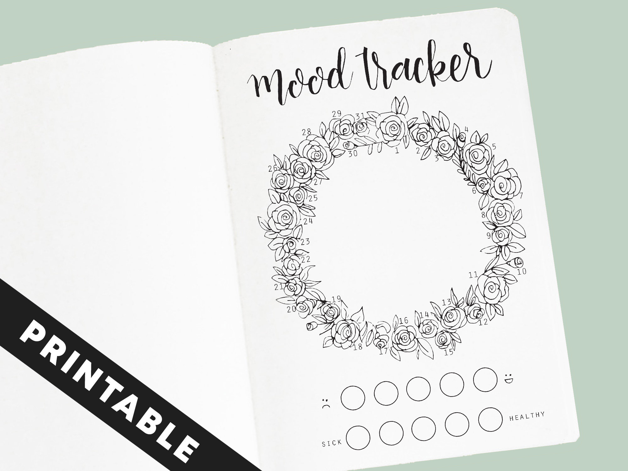 Mood Tracker Printable Bullet Journal Insert Floral Wreath, Rose ...