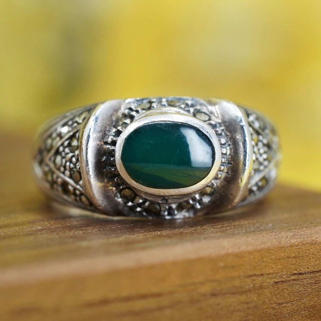 Size 8, Vintage Sterling 925 Silver Handmade Statement Ring With Green ...