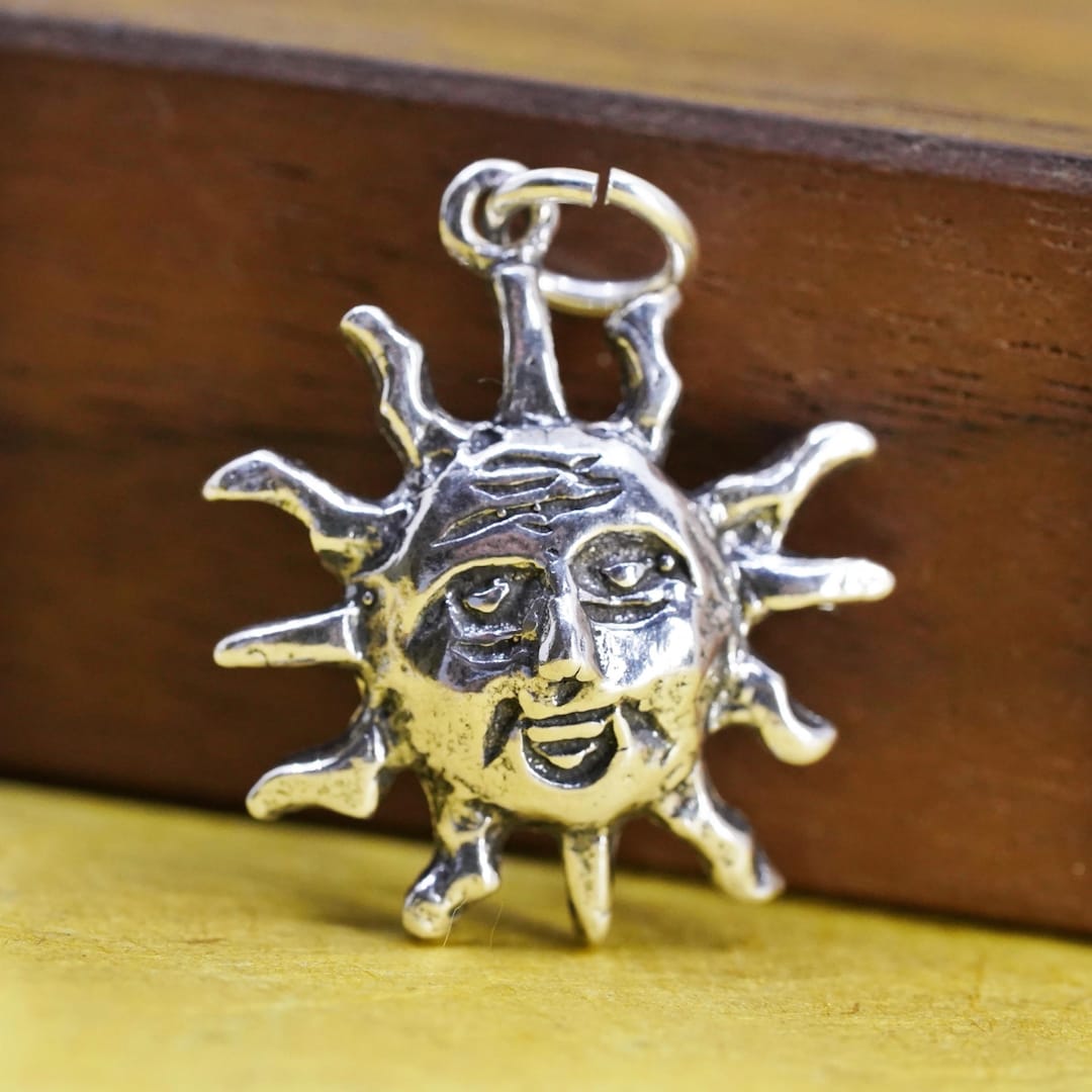 Vintage Sterling Silver Handmade Sun Face Pendant, 925 Sun Charm ...