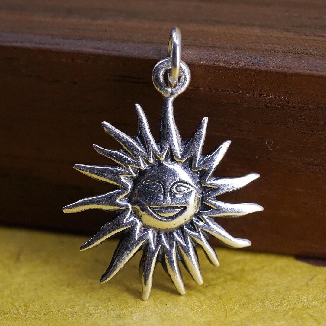 Vintage Sterling Silver Handmade Sun Face Pendant, Solid 925 Silver Sun ...