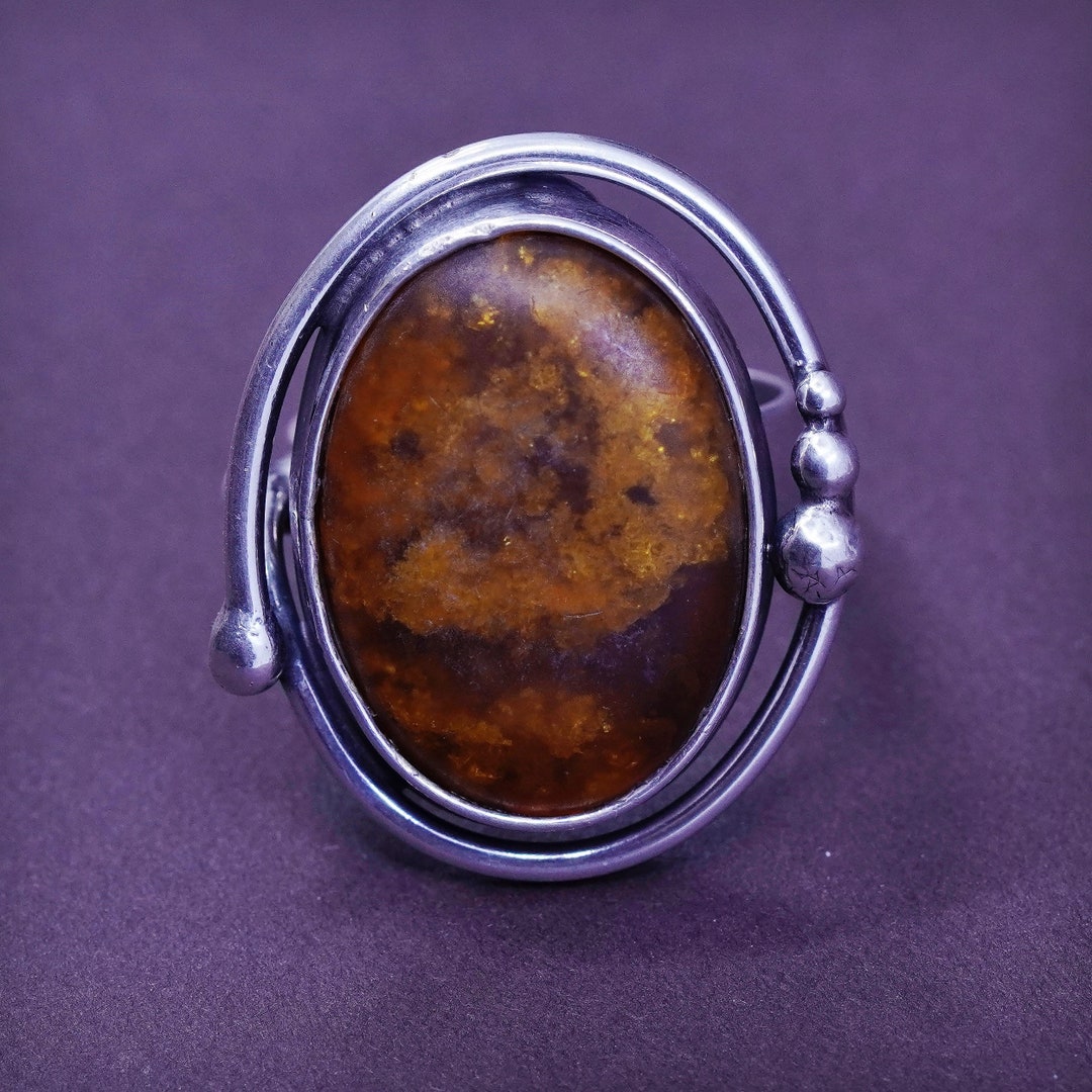 Size 10.5, Vintage Sterling 925 Silver Handmade Ring With Oval Amber ...