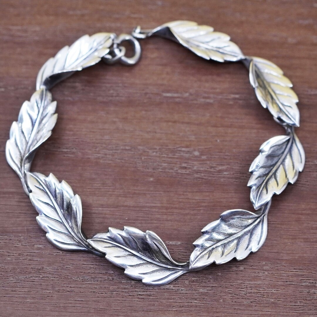 6.75”, Vintage Beau Sterling Silver Handmade Bracelet, 925 Leafy Chain ...