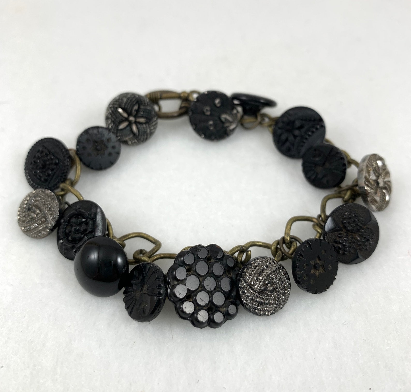 Antique and Vintage Button Bracelet, Black and Antique Gold Glass ...