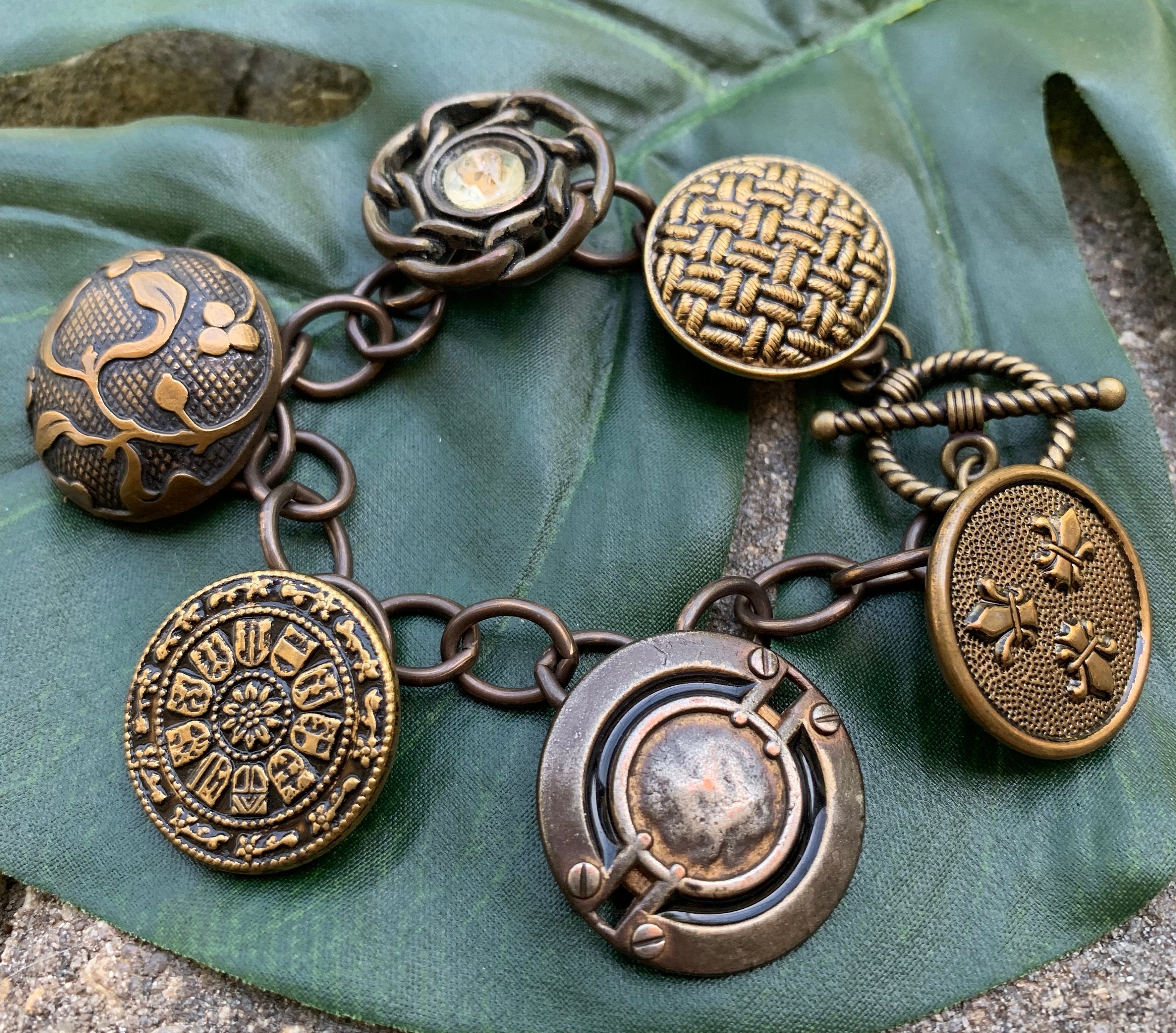Antique and Vintage Button Bracelet, Bronze Charm Bracelet, Unique ...
