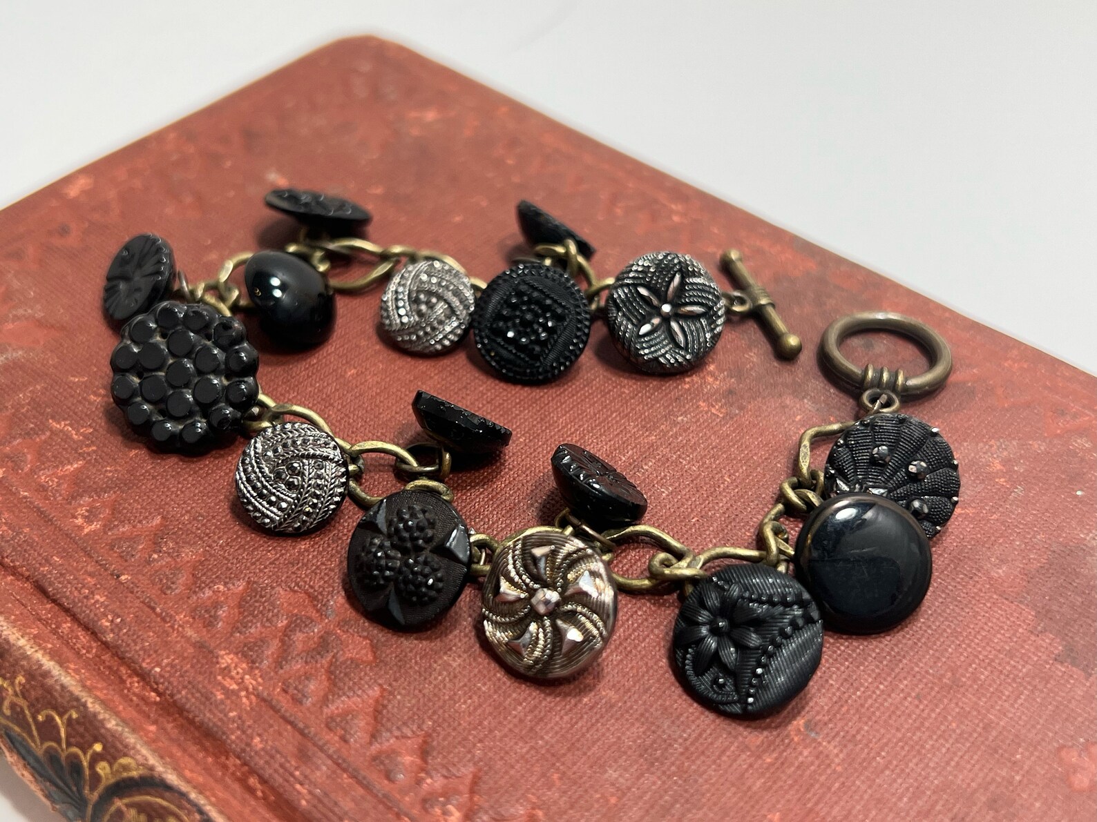 Antique and Vintage Button Bracelet, Black and Antique Gold Glass ...
