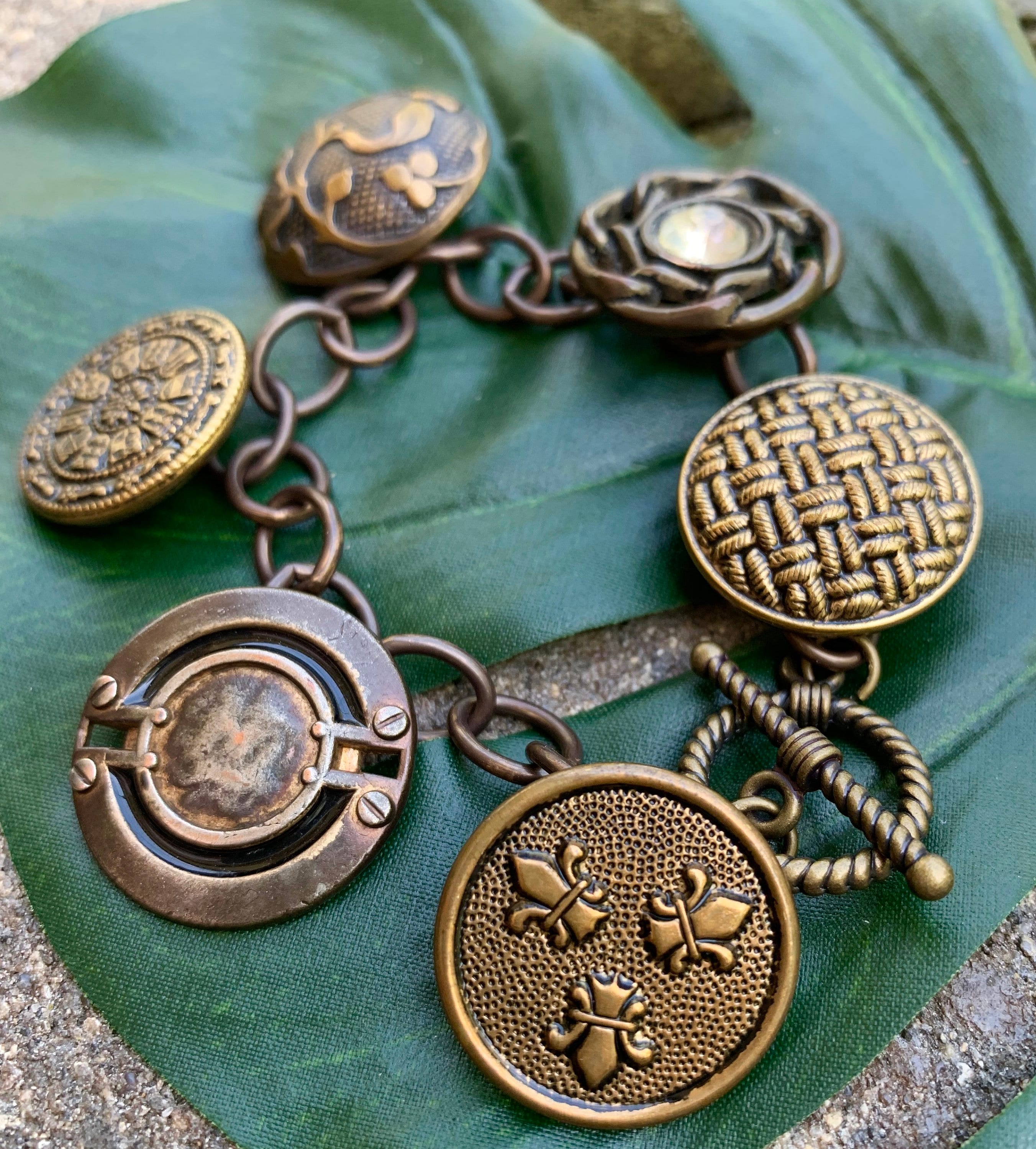 Antique and Vintage Button Bracelet, Bronze Charm Bracelet, Unique ...