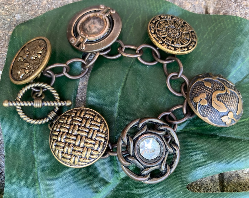 Antique and Vintage Button Bracelet, Bronze Charm Bracelet, Unique ...