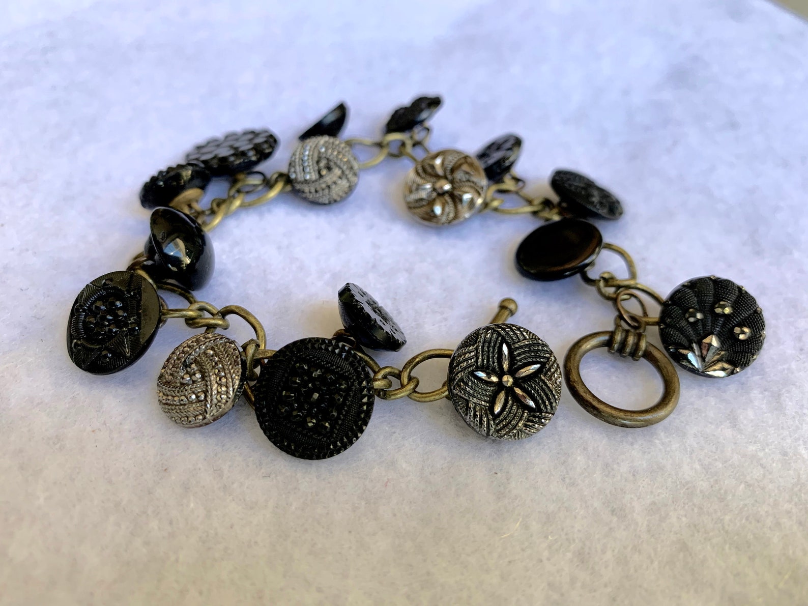 Antique and Vintage Button Bracelet, Black and Antique Gold Glass ...