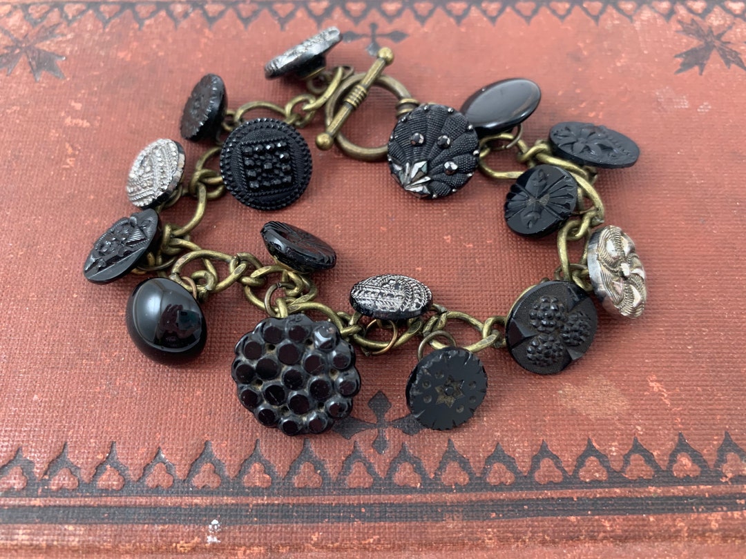 Antique and Vintage Button Bracelet, Black and Antique Gold Glass ...