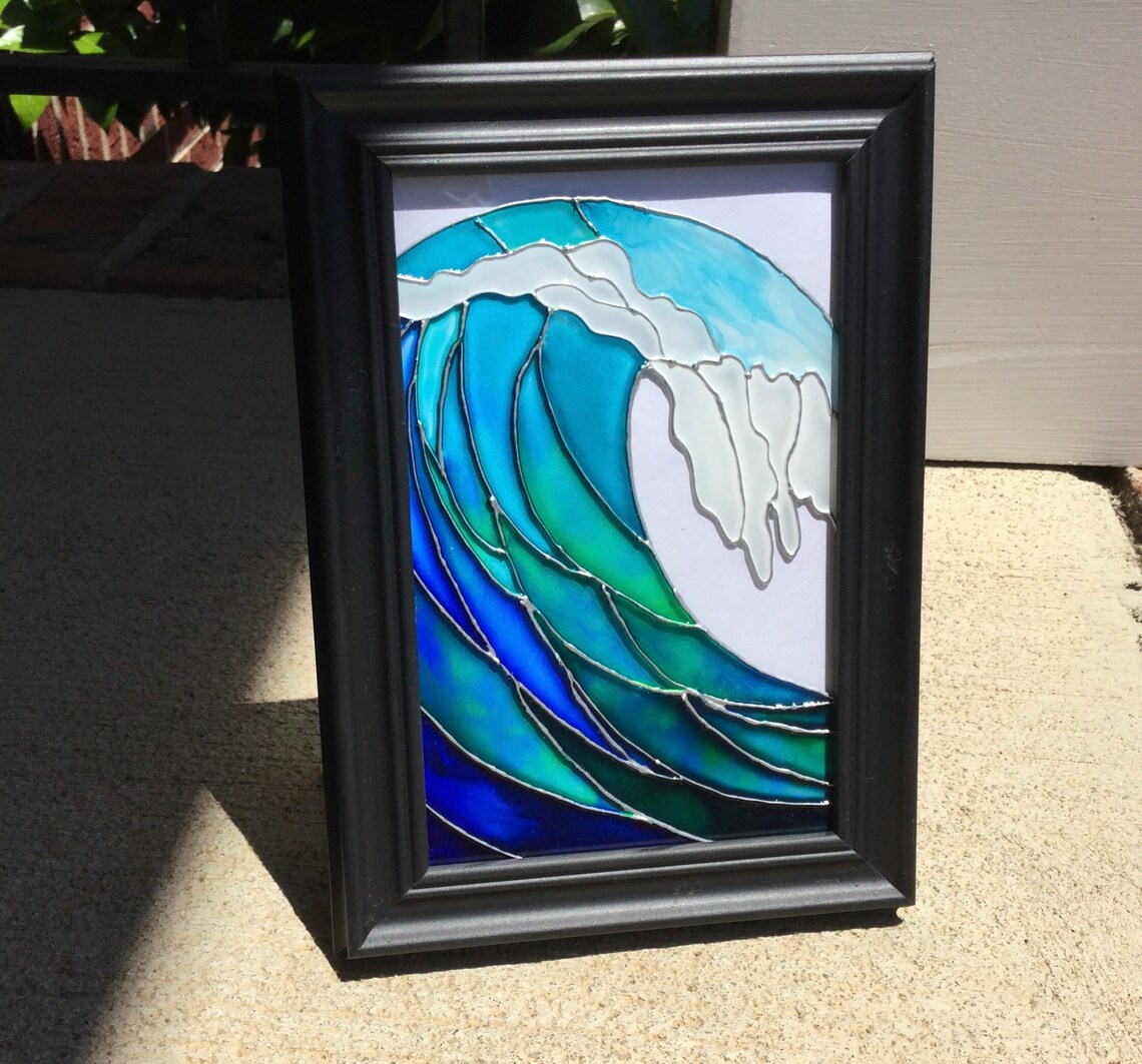 Stained Glass Wave Glass Painting Small Painted Glass Gift - Etsy