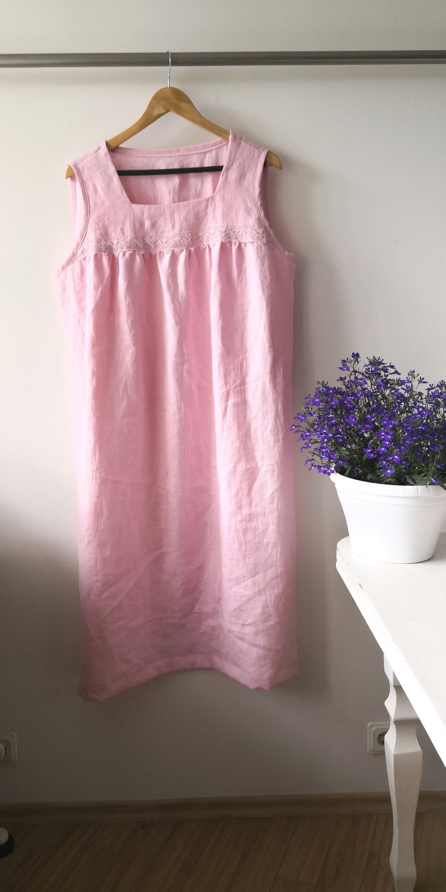 Linen Nightgown/sleeveless /crochet Lace Nightgown/plus Size - Etsy