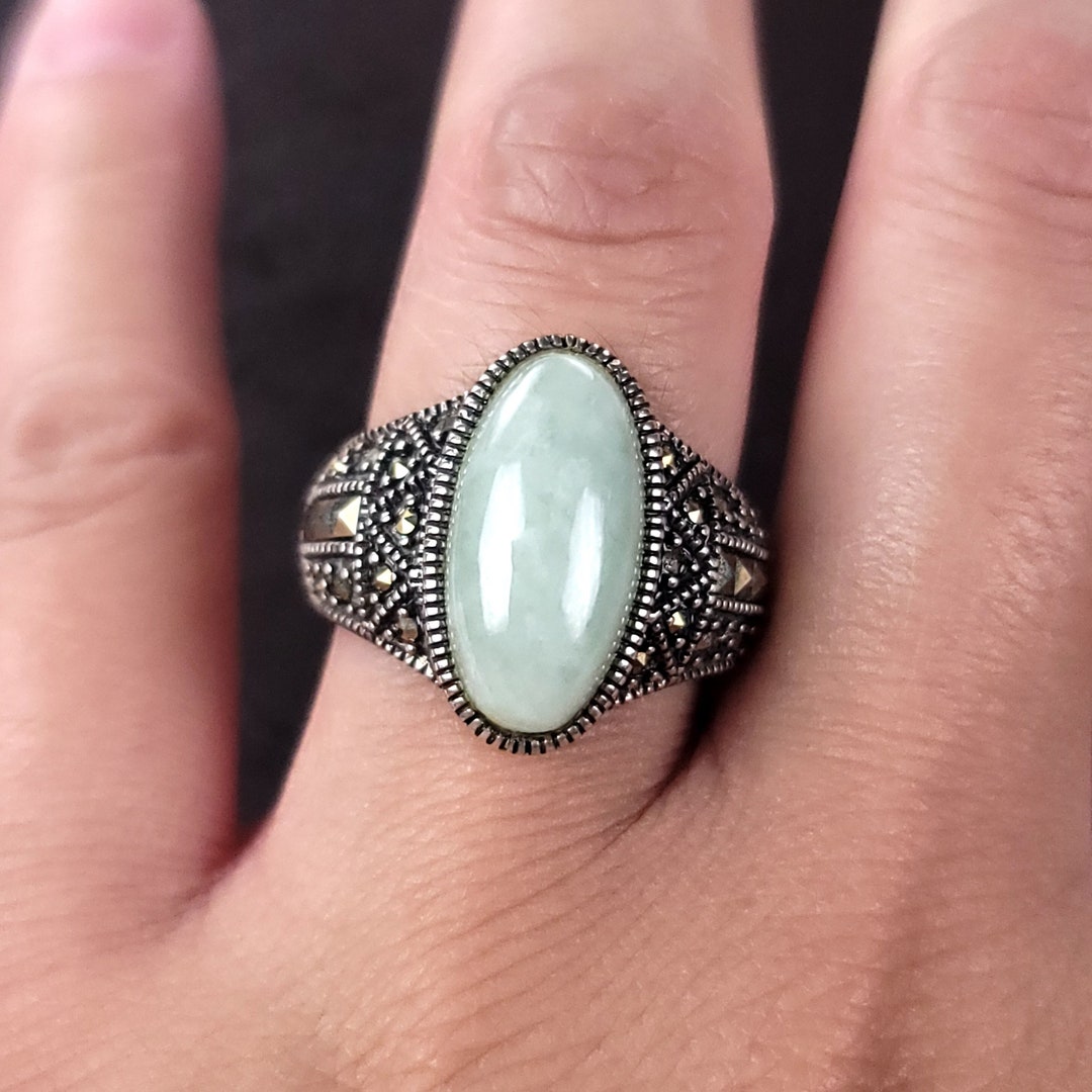 Silver Marcasite Jade Color Stone Ring, Light Green Jewelry, Jade ...