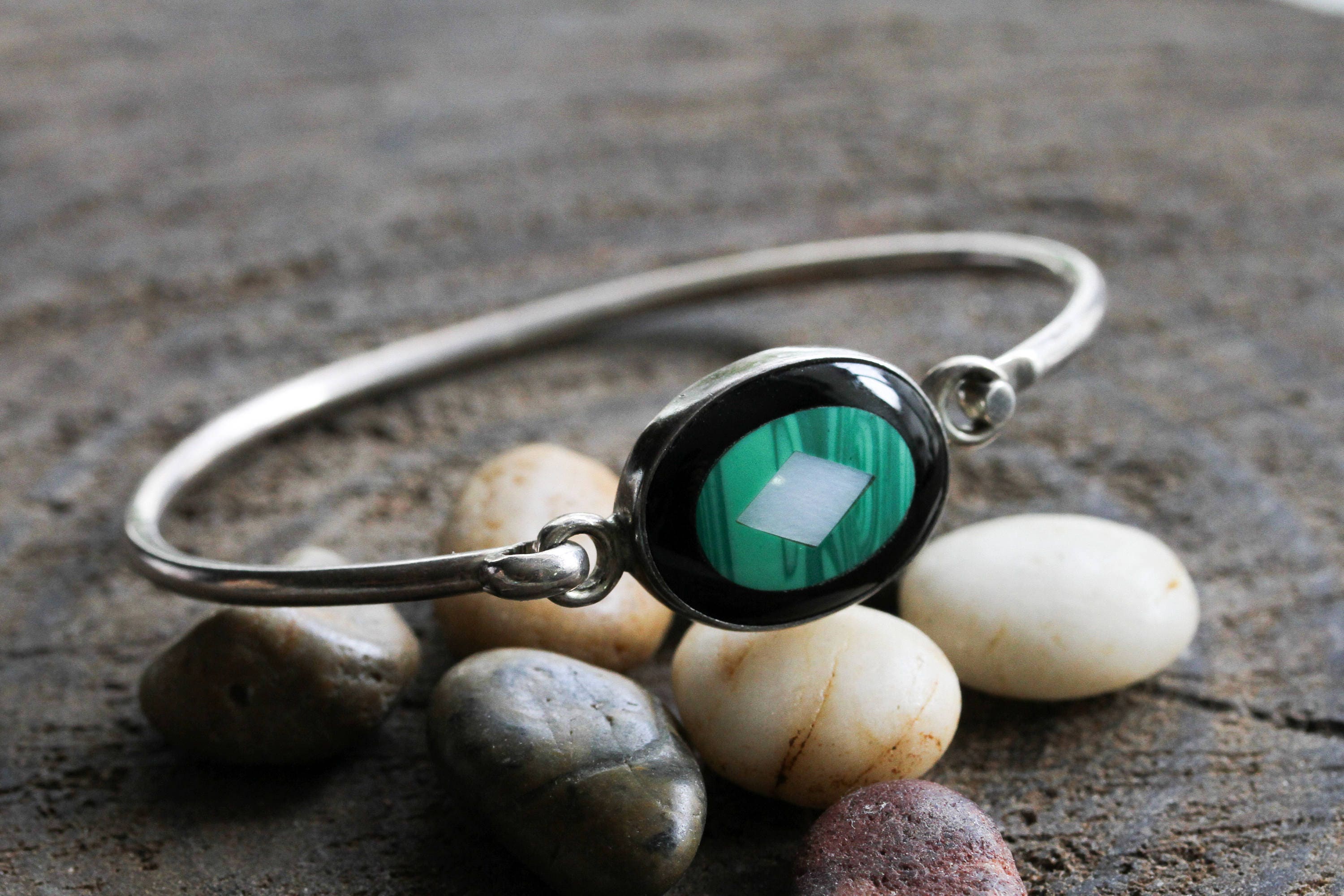 Malachite Onyx Color Stone Bangle, Womens, Vintage Green Stone Cuff ...