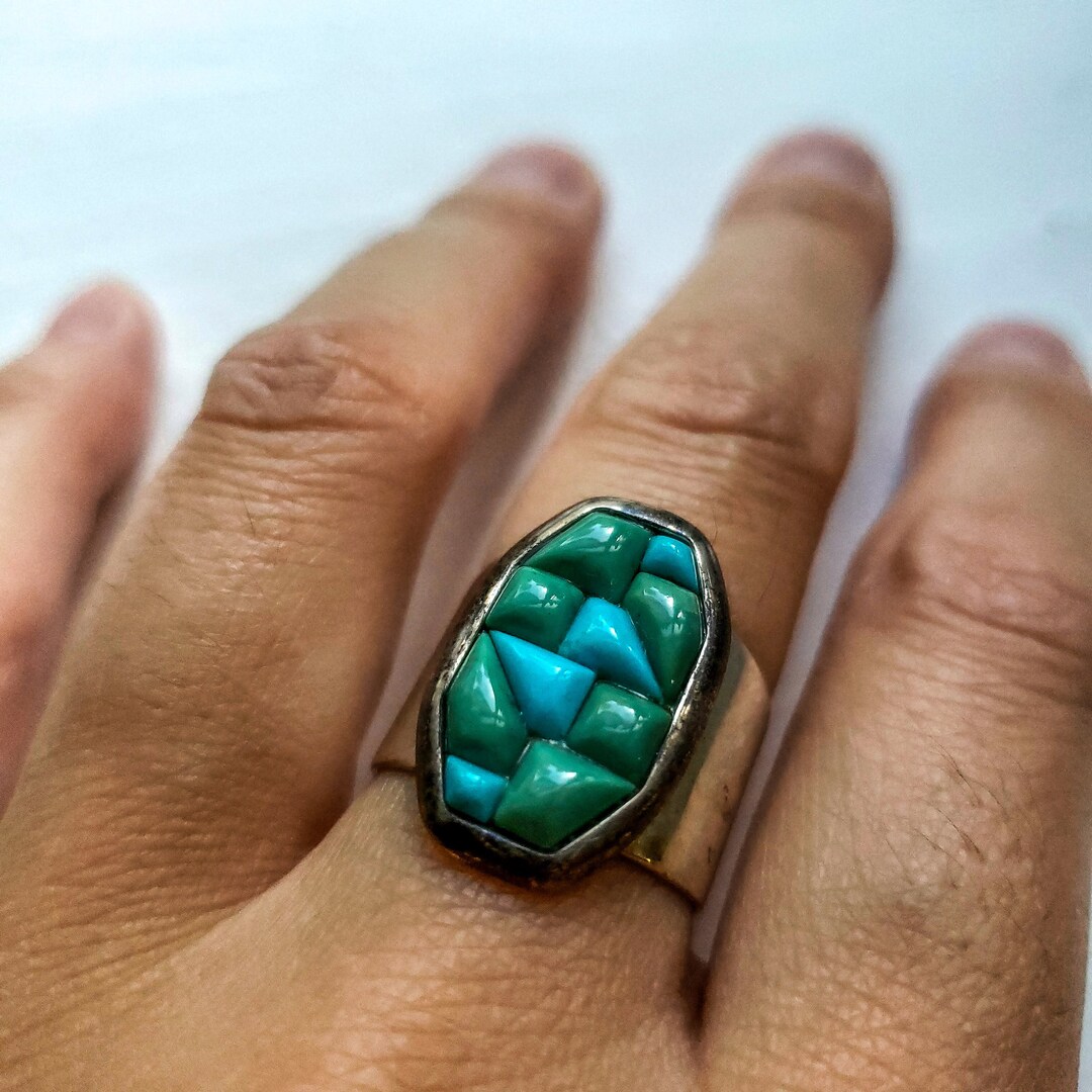 Silver Turquoise Color Jigsaw, Geometric Statement Ring, Vintage Multi ...