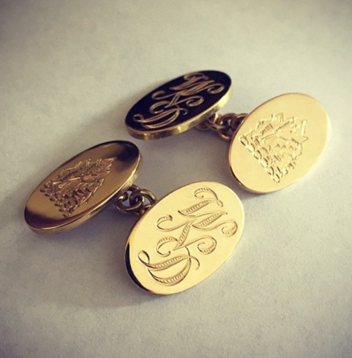 Solid Gold Hand Engraved Oval Chained Cufflinks With Your Family Crest ...