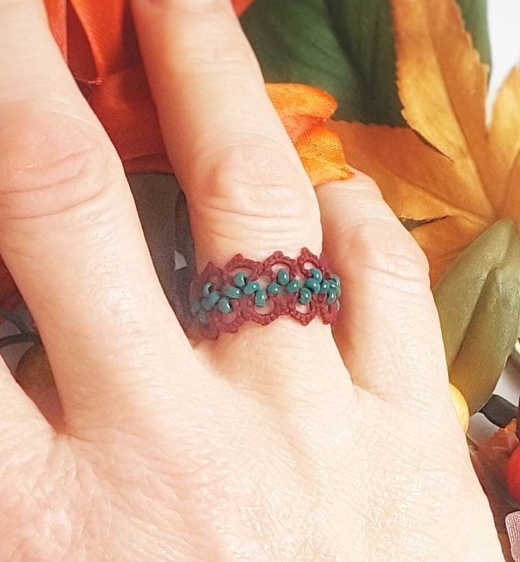 Burgundy Beaded Fabric Lace Ring. Textile Ring in Soft Cotton Tatting ...