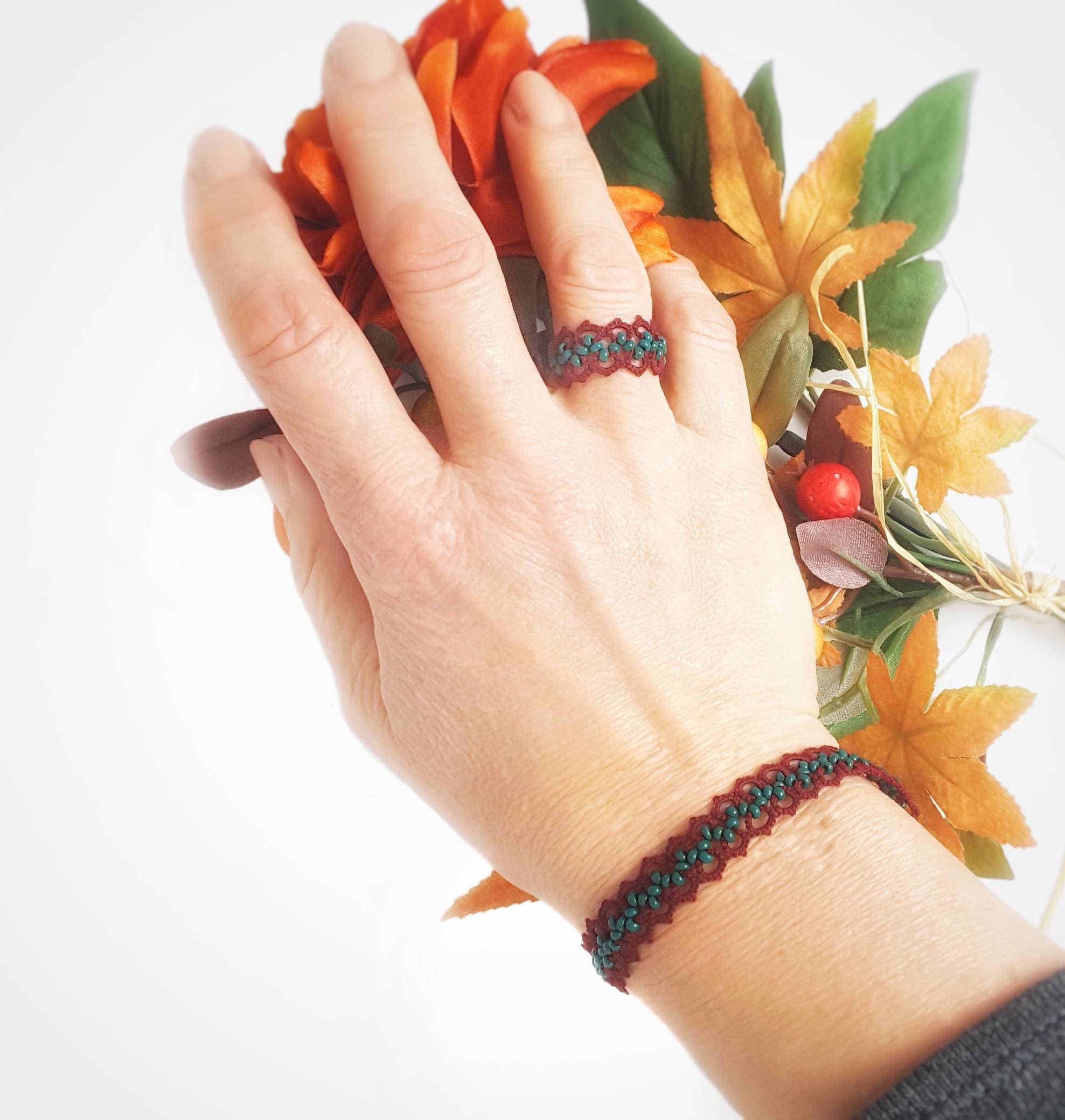 Burgundy Beaded Fabric Lace Ring. Textile Ring in Soft Cotton Tatting ...