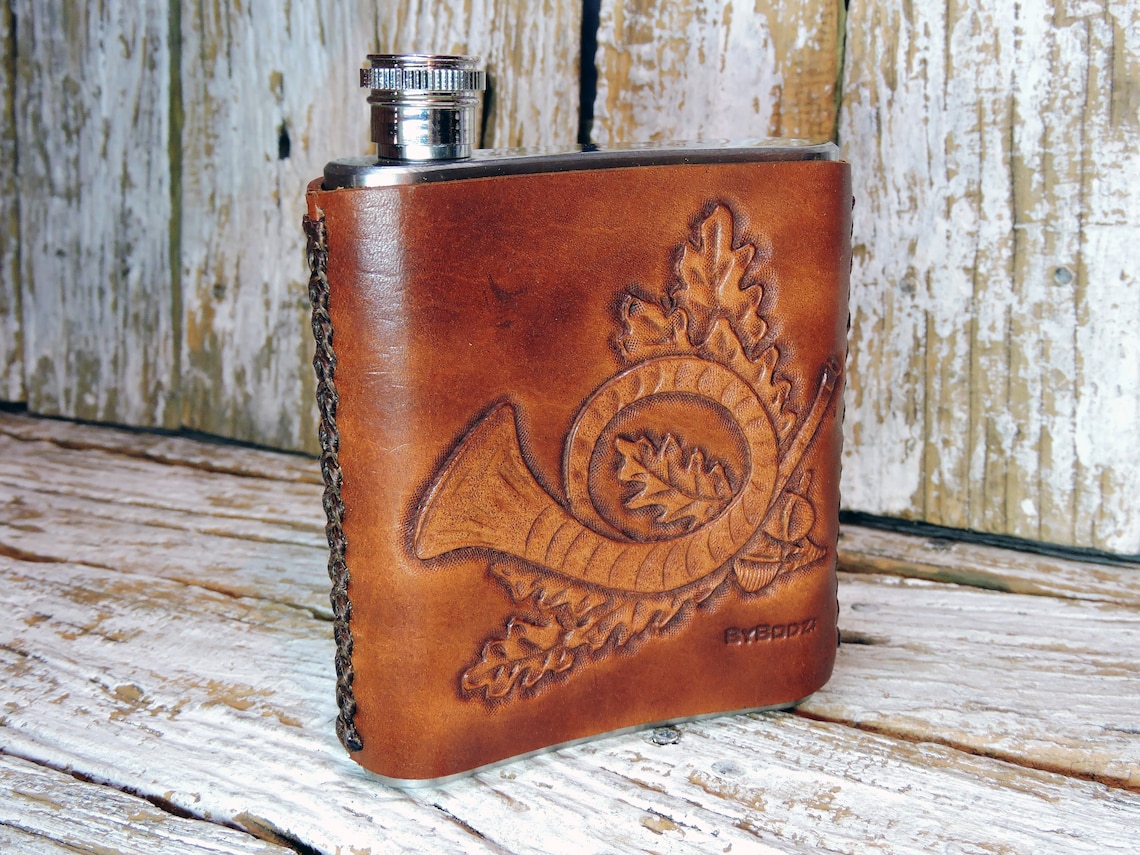 Carved Leather Flask Cover With Stainless Steel Flask / Gift | Etsy