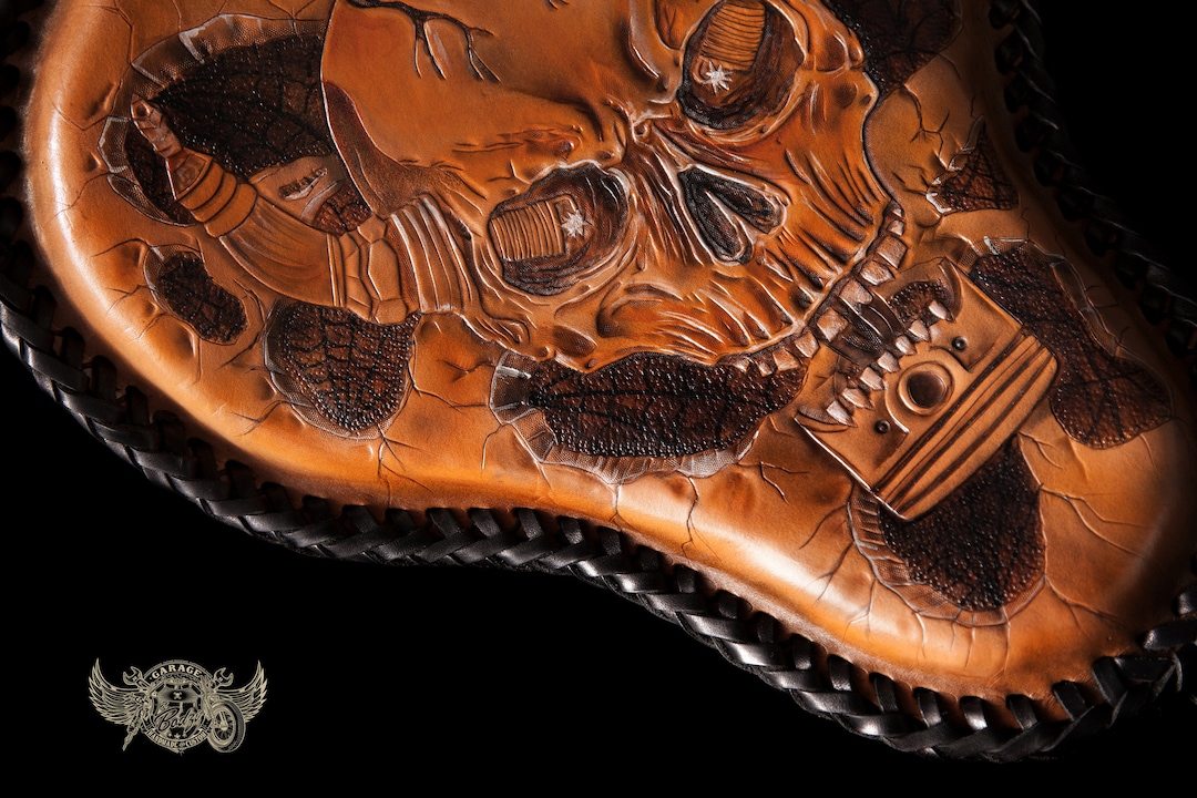 Custom Motorcycle Bobber Seat - Brown and Black Unique Tooled Leather ...