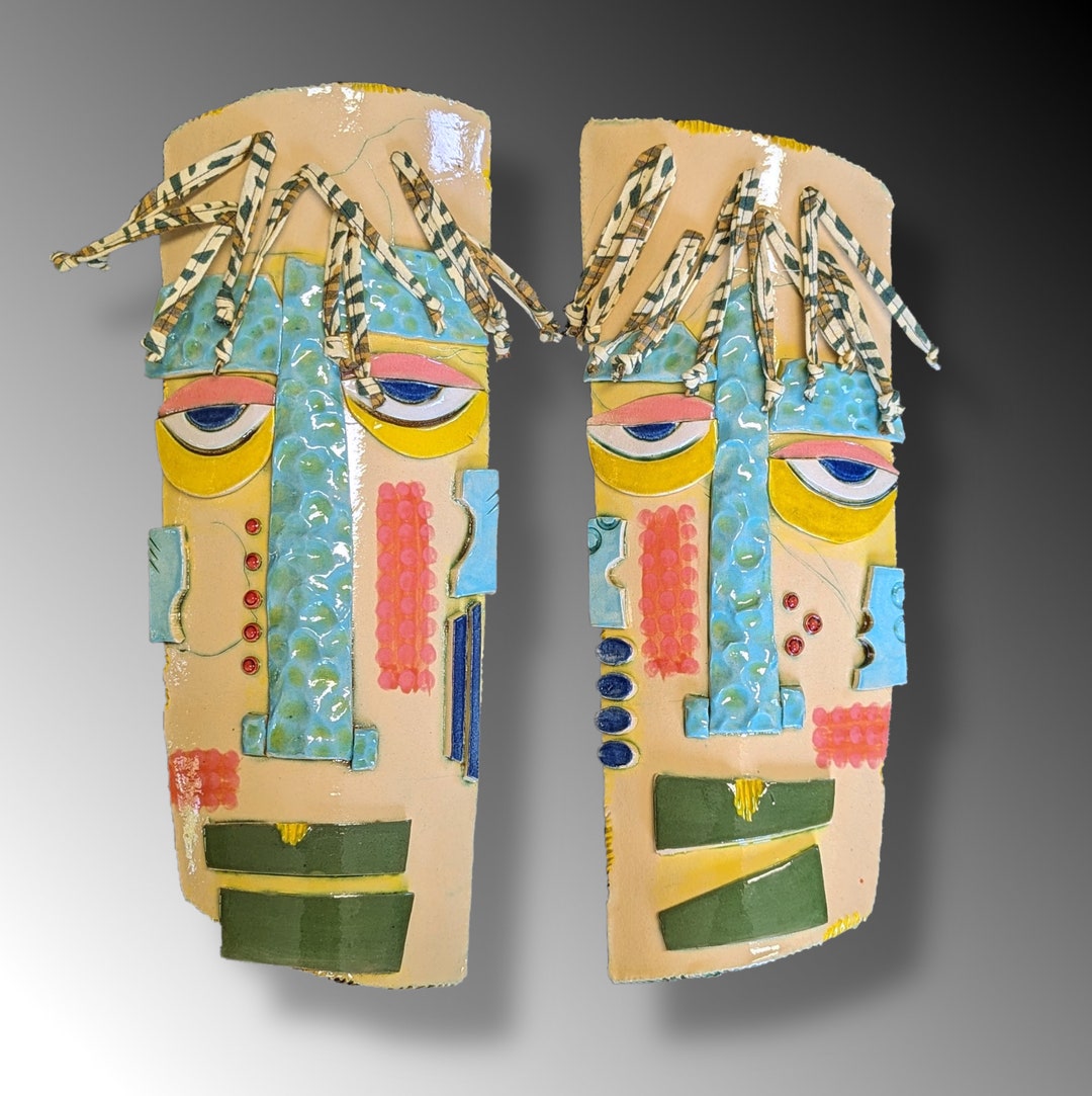 Abstract Face Art Mask Set Clay Ceramic Handmade Colorful Contemporary ...