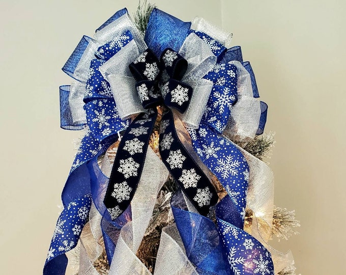 Cobalt Blue Snowflake Tree Topper Bow, Christmas Tree Topper Bow, Blue ...