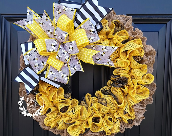 Welcome to Our Hive Bee Themed XL Fun Decoration Wreath Bee Happy Bee ...