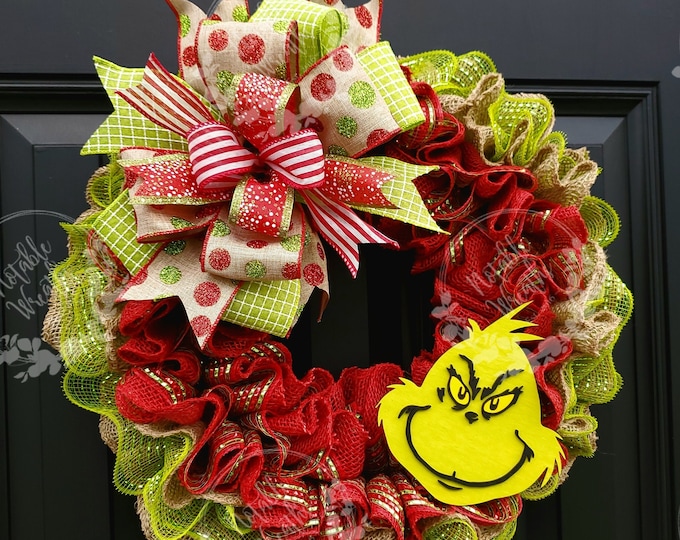 Grinch Christmas Wreath, Grinch Decor, Grinch Christmas Decor, Red and ...