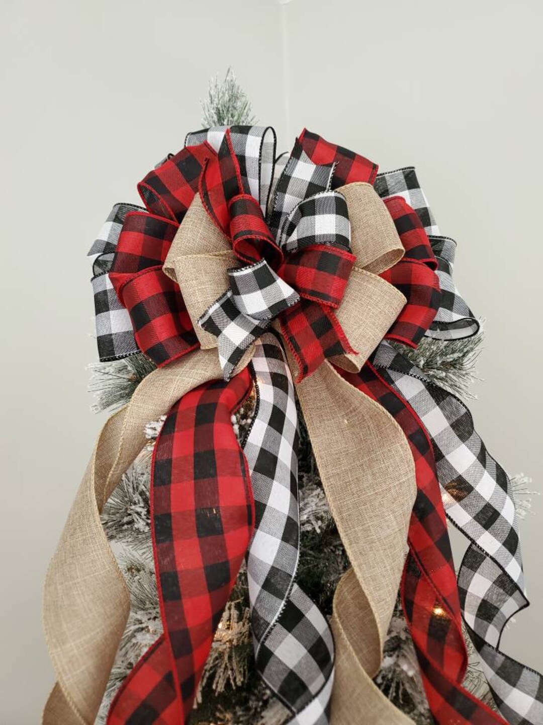 Rustic Plaid Christmas Tree Topper Bow: Buffalo Check Farmhouse Decor ...