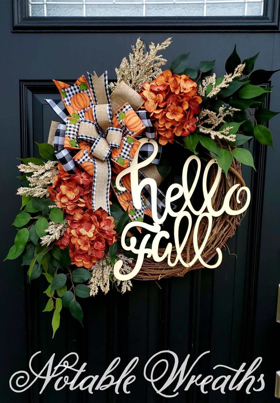 Orange Fall Hydrangea Wreath for Front Door, Hello Fall Wreath, Rustic ...