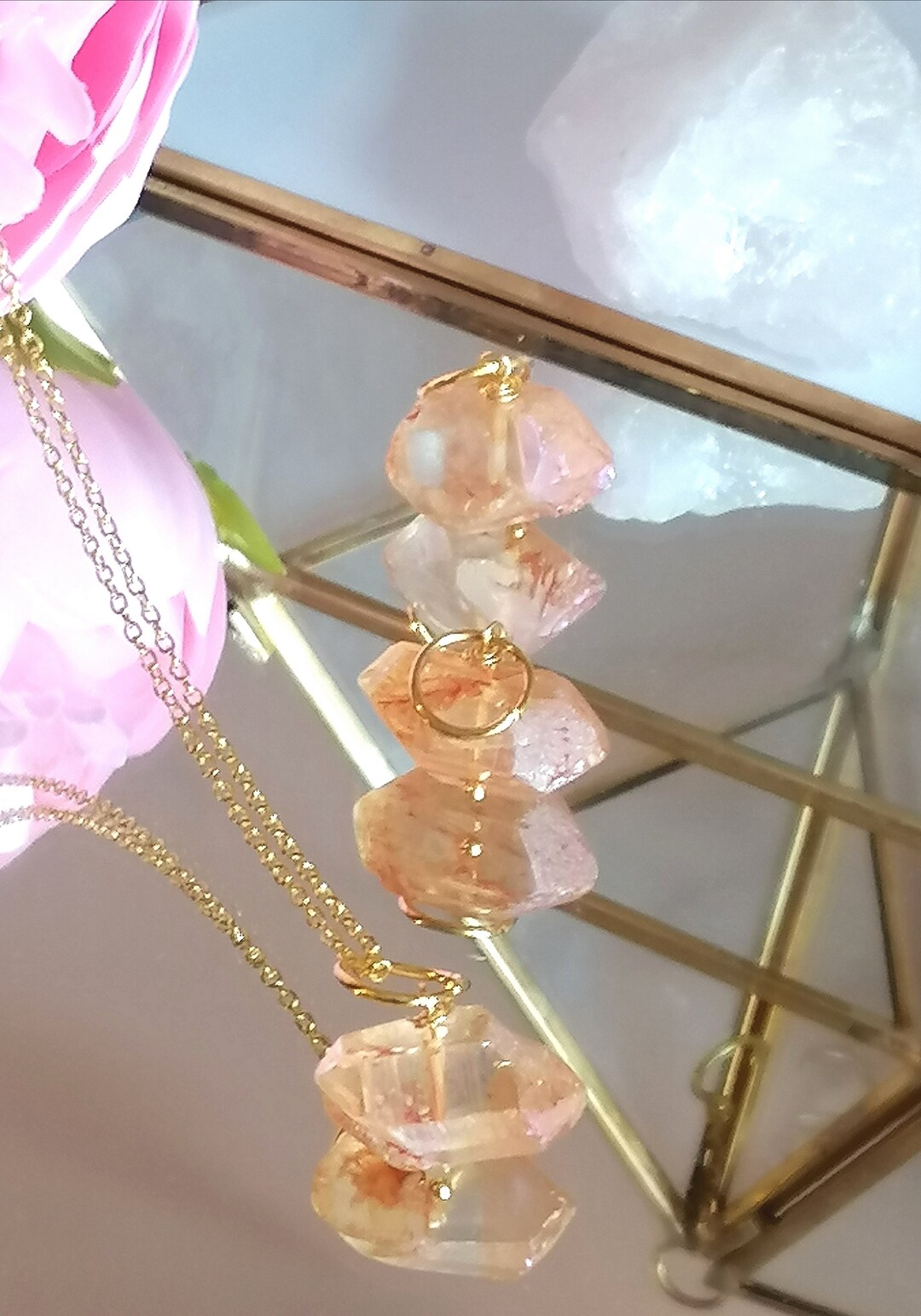 Heyoka Sunrise Ray Peach Aura Quartz Crystal Healing Gold Plated 925 ...