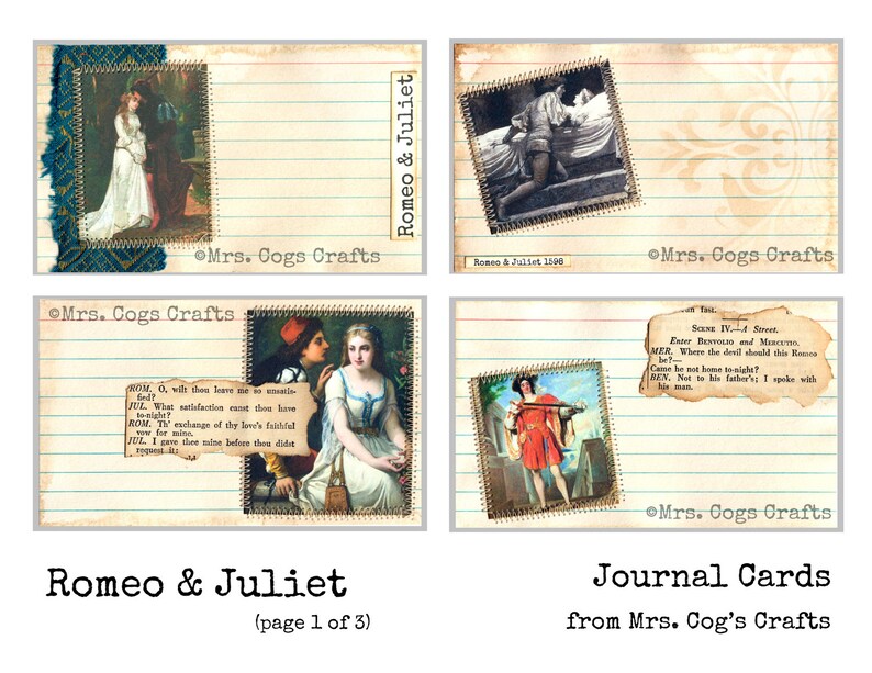 Romeo & Juliet Journal Cards - Digital Images, Printable Index Cards ...