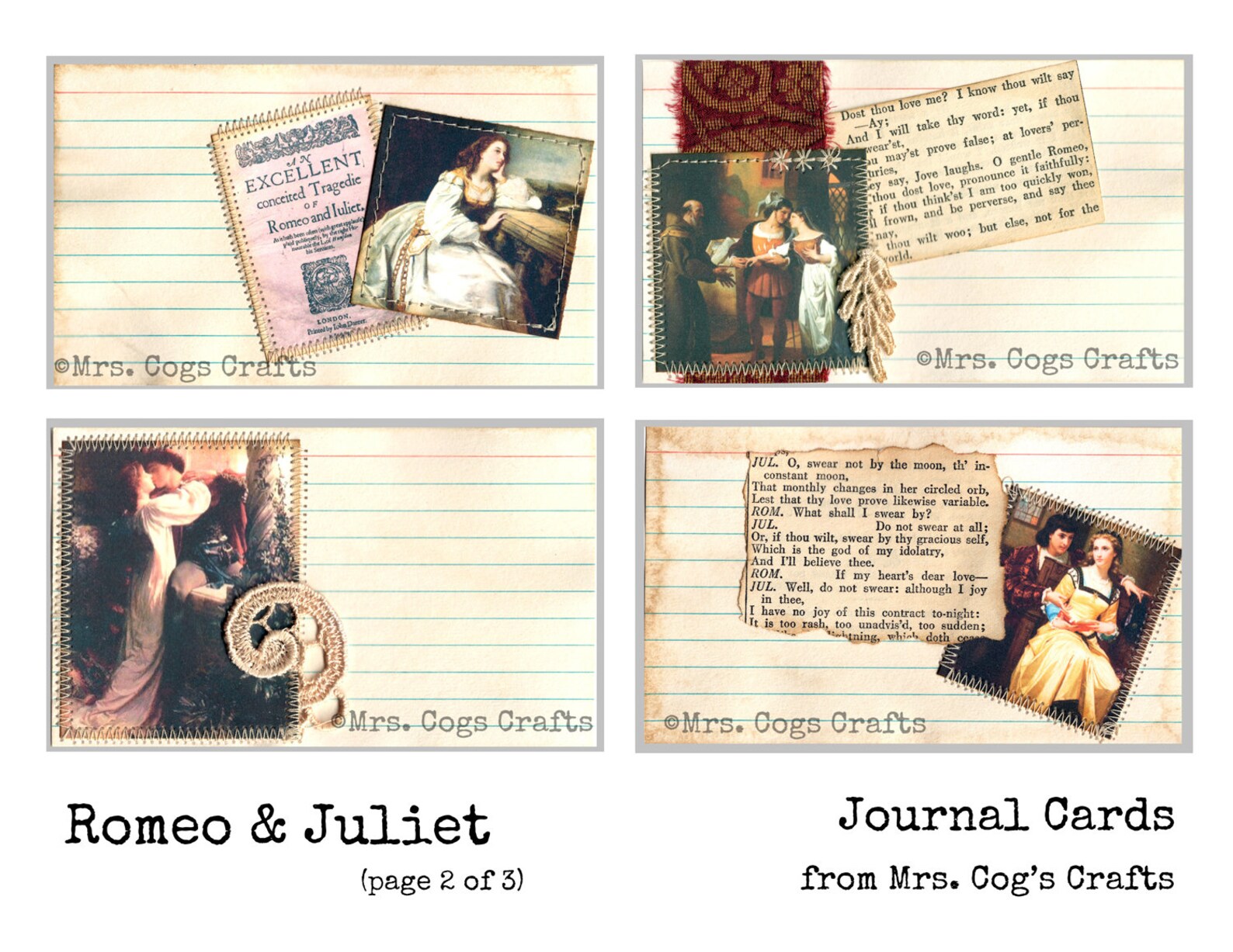 Romeo & Juliet Journal Cards Digital Images Printable Index | Etsy