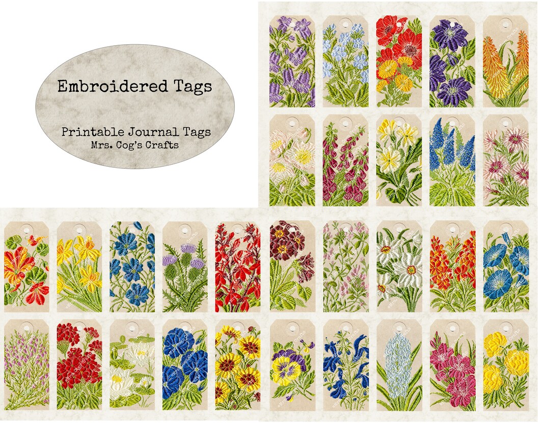 Embroidered Flower Tags - Printable Stitching, Digital Images, Vintage ...