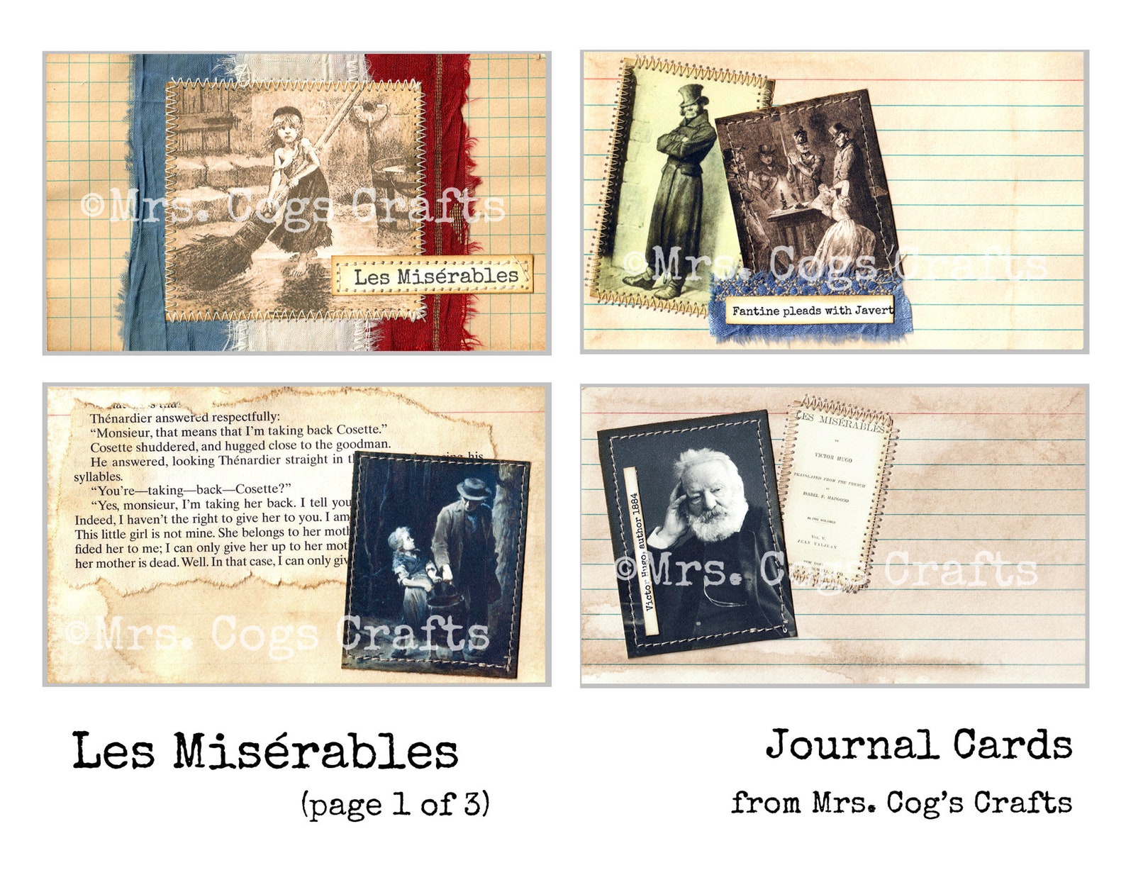 Les Misérables Journal Cards - Digital Images, Printable Index Cards ...