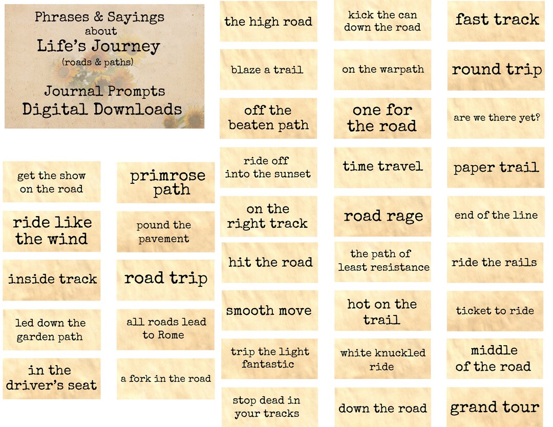Life's Journey Phrases - Roads and Paths, Journal Prompts, Printable ...