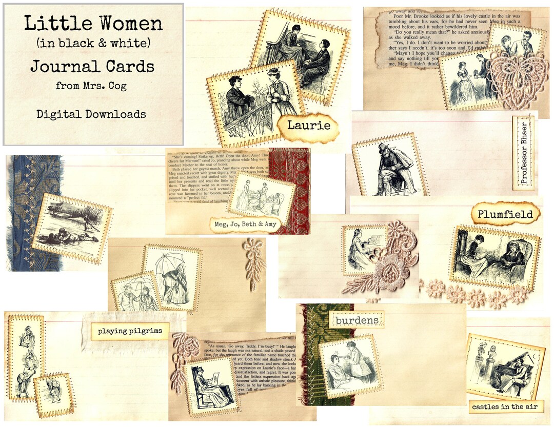 Little Women in B&W Journal Cards - Digital Images, Printable Index ...