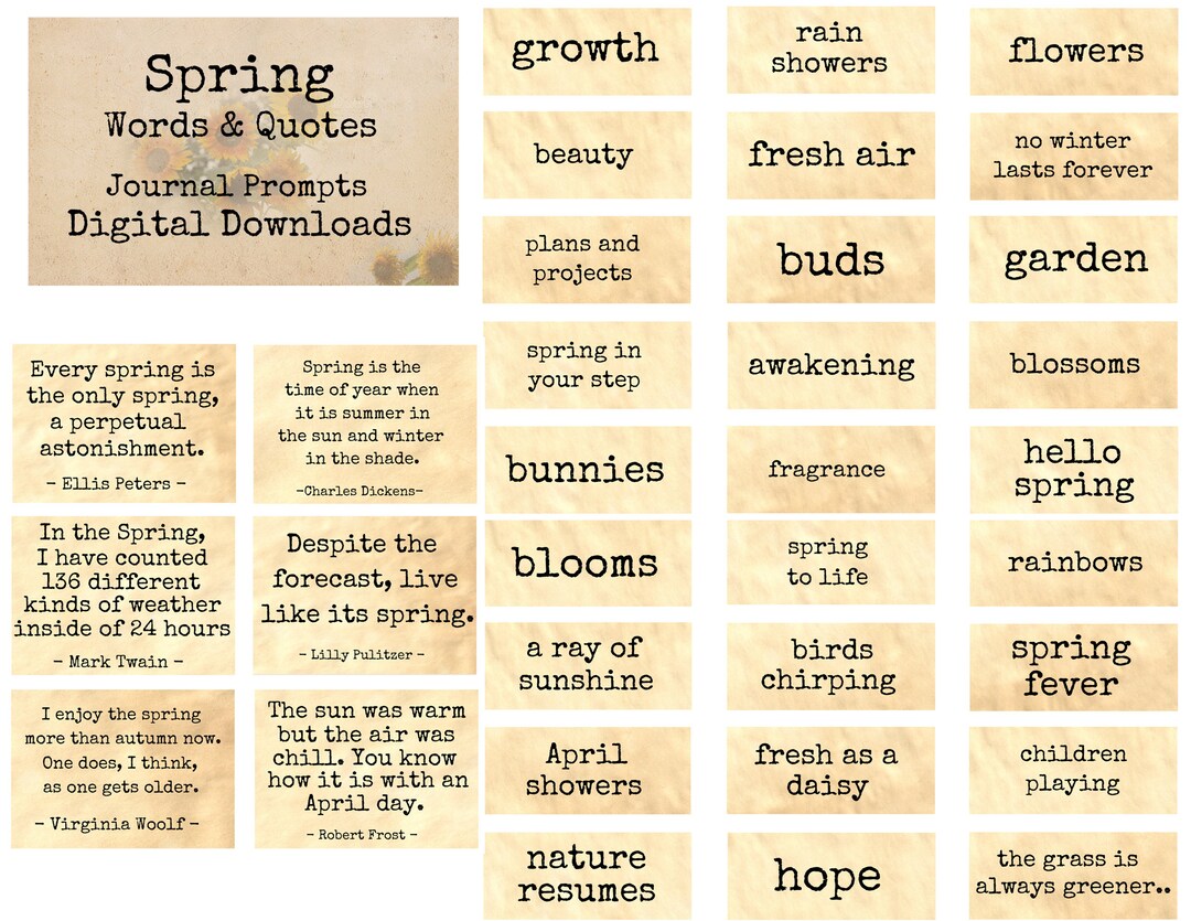 Spring Words & Quotes - Journal Prompts, Printable Words, Instant ...
