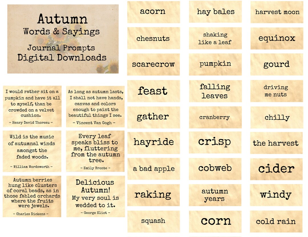 Autumn Words & Sayings - Journal Prompts, Printable Words, Instant ...