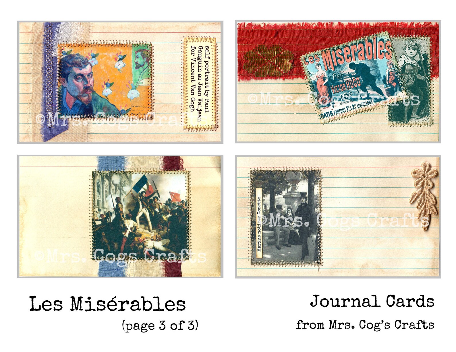 Les Misérables Journal Cards - Digital Images, Printable Index Cards ...