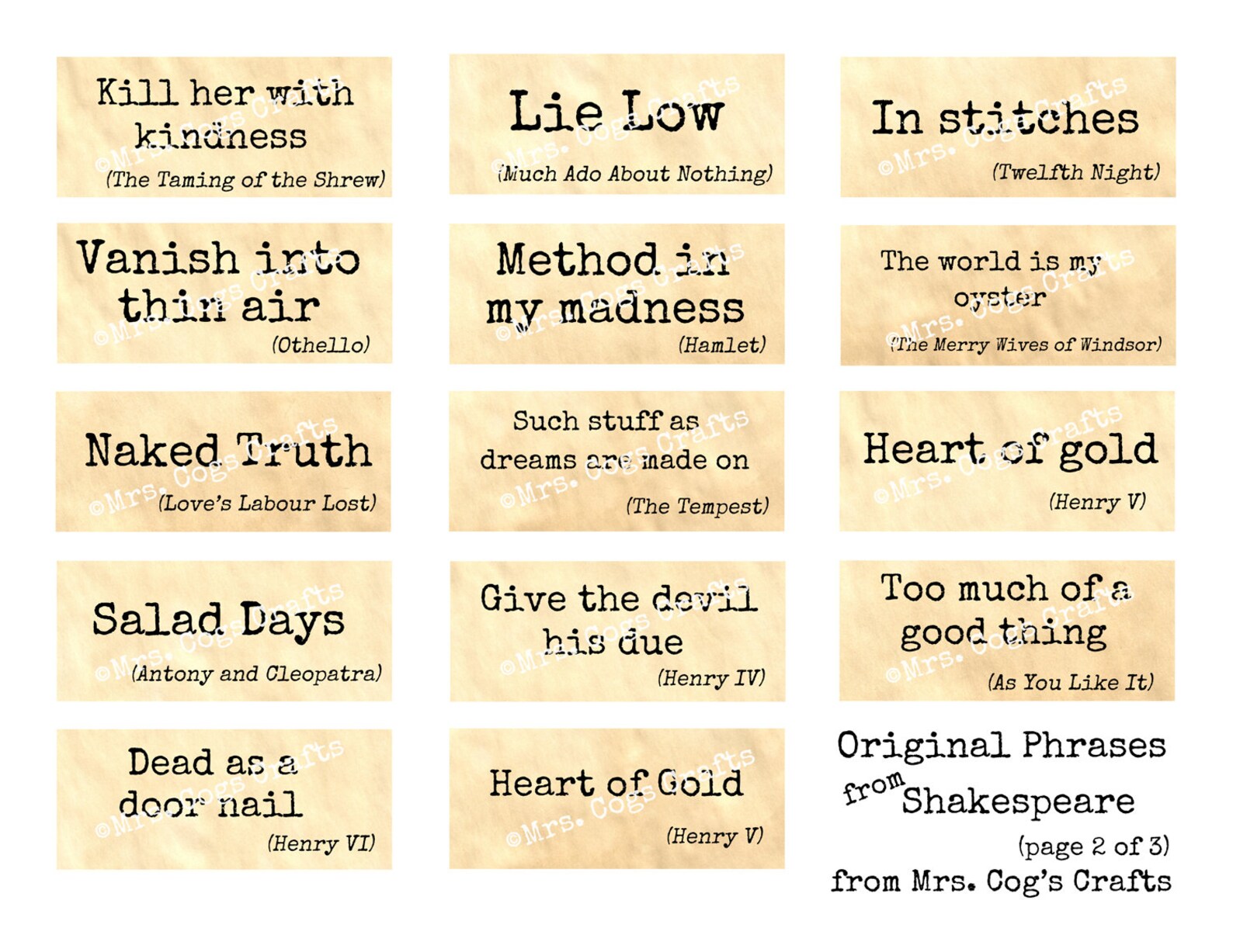 Original Phrases From Shakespeare - Journal Prompts, Digital Word Cards ...